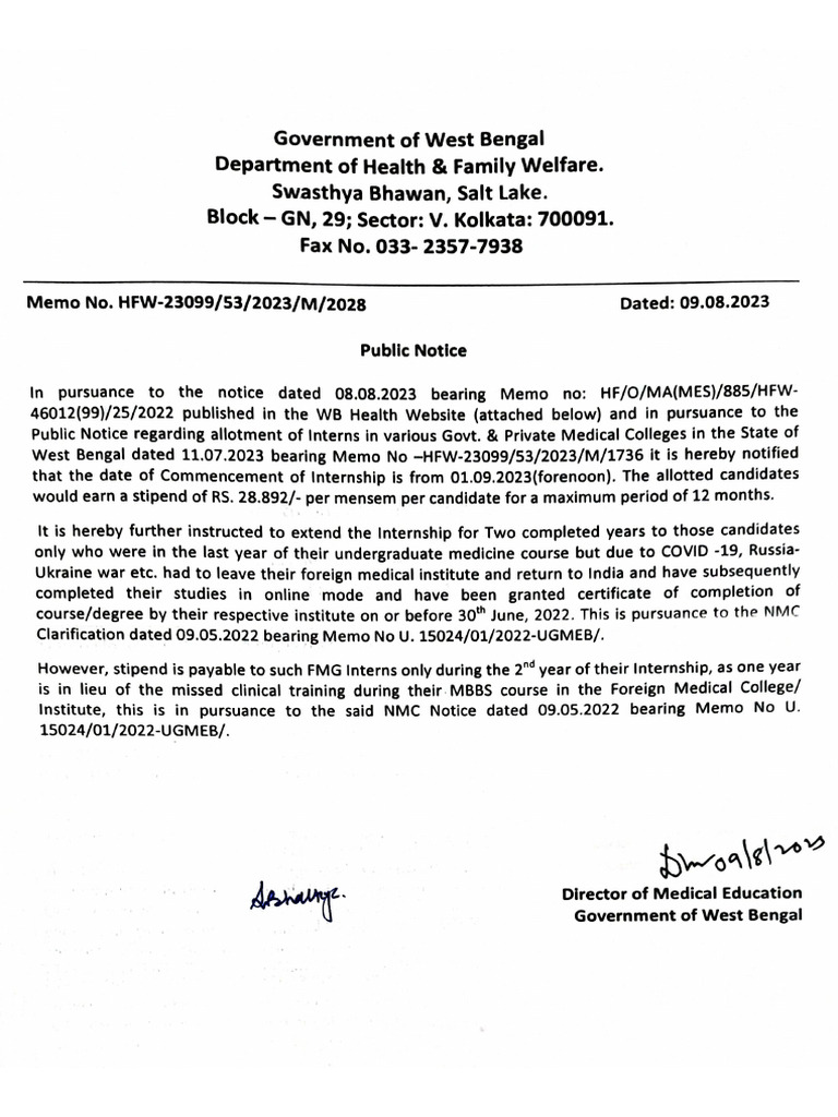 West Bengal Public - Notice - Related - To - FMG - Internship - Starting - Date | PDF