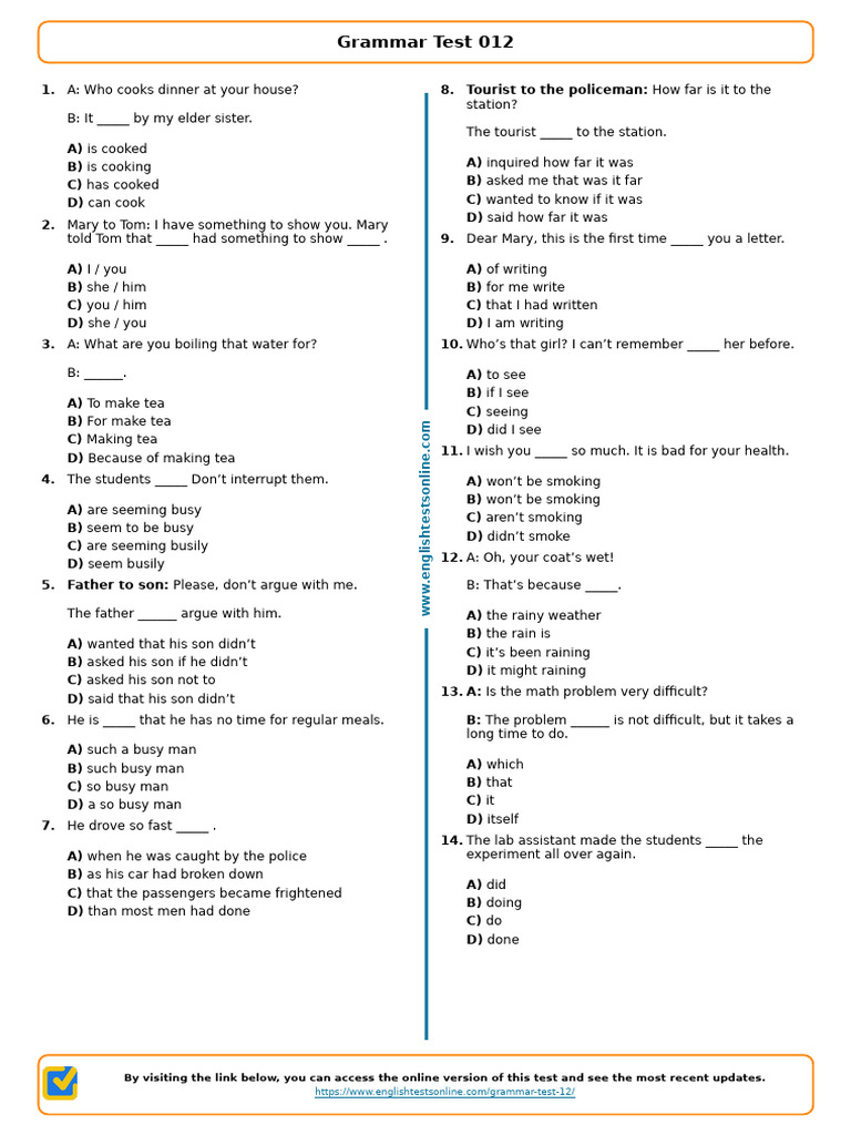 1443 Grammar Test 012 | PDF
