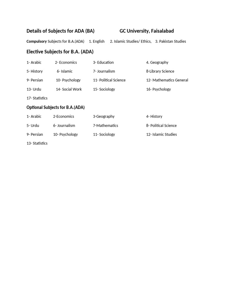 Subject List of GCUF | PDF