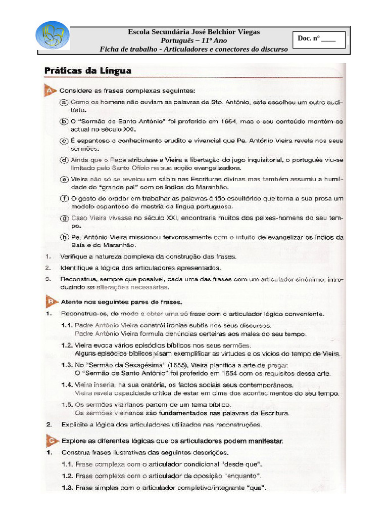 Ficha de Trabalho - Articuladores e Conectores Do Discurso | PDF