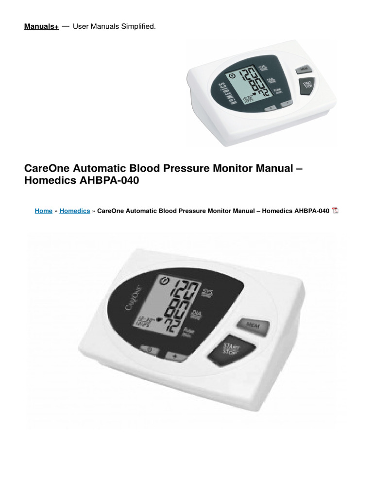 Careone Automatic Blood Pressure Monitor Manual Homedics Ahbpa 040 | PDF