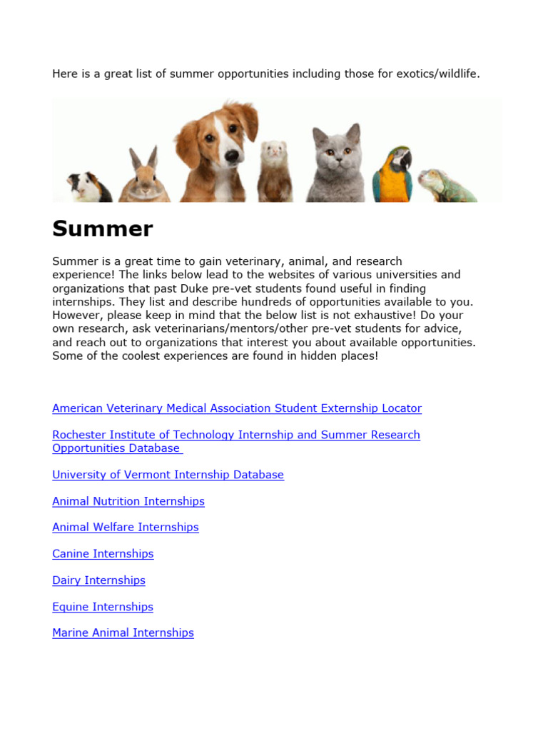 Pre-Vet Summer Experience Opportunities | PDF