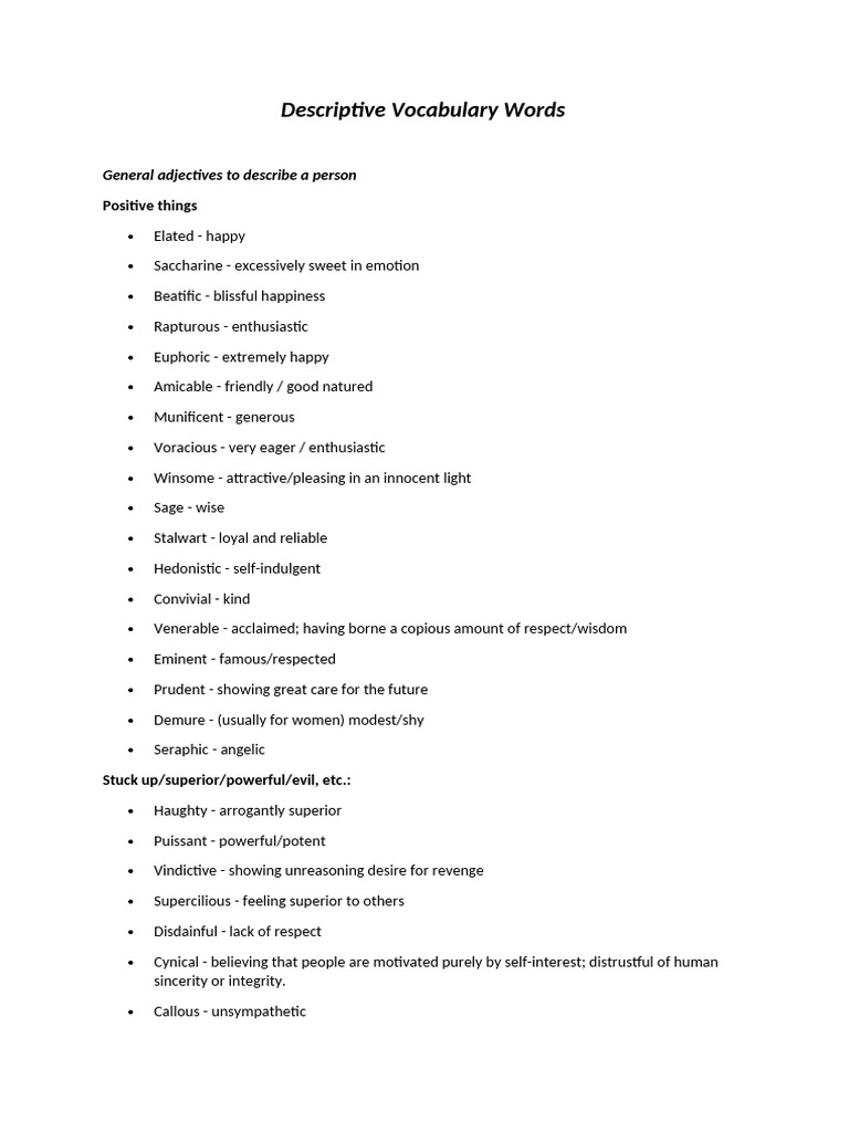 Descriptive Vocabulary Words | PDF