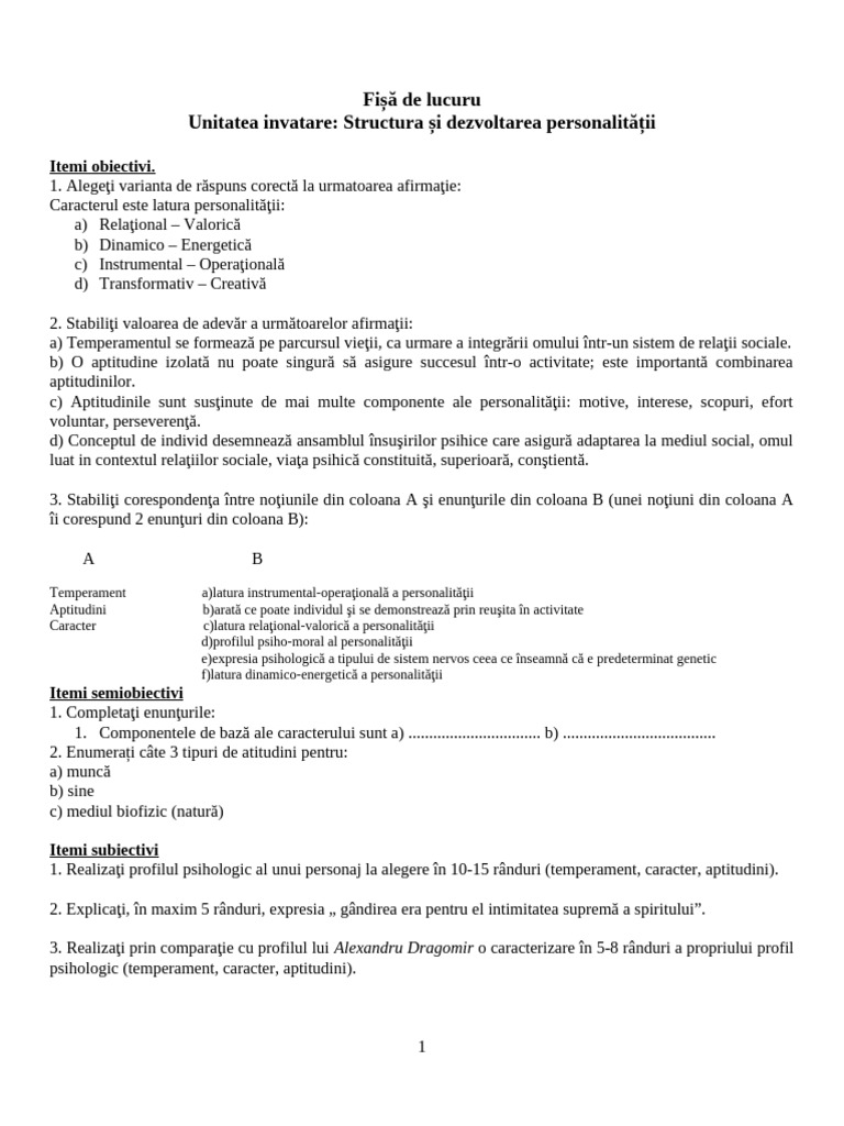 Fise de Lucru Personalitatea | PDF