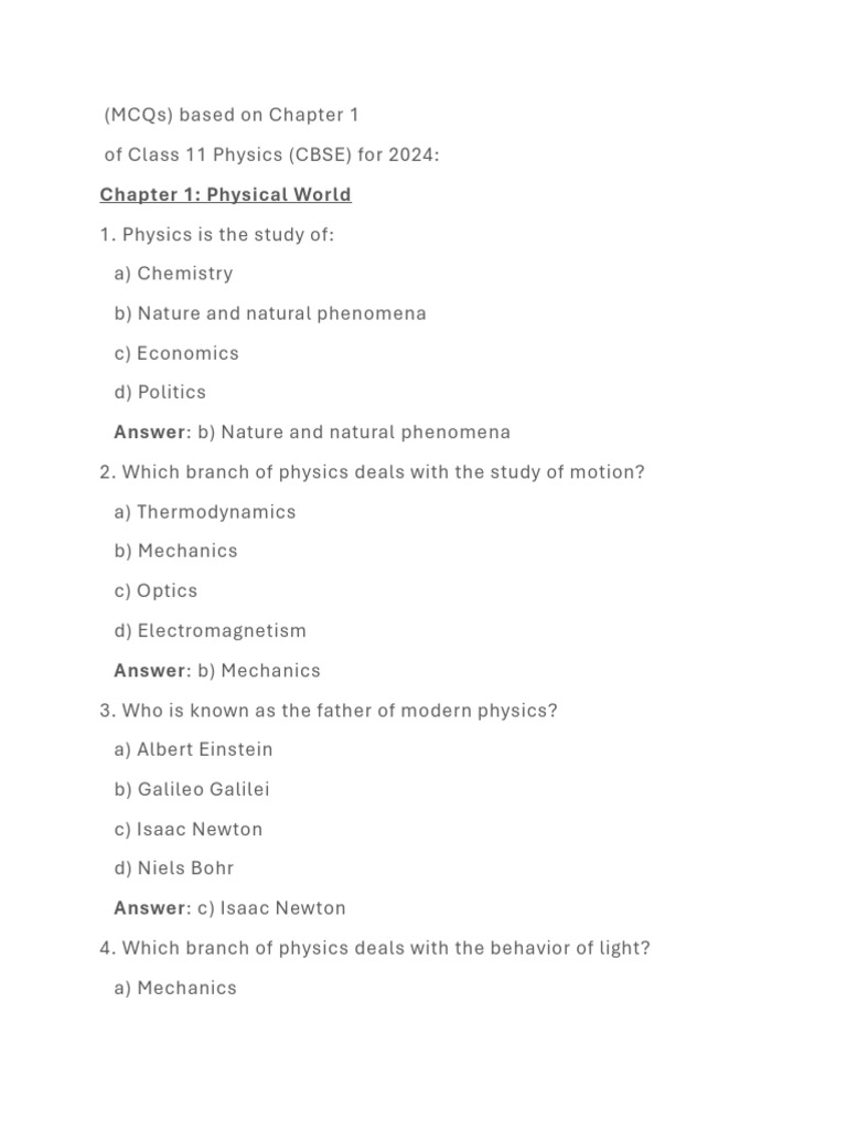 Chapter1^J2^J3 Physics MCQs Class 11 2024 | PDF