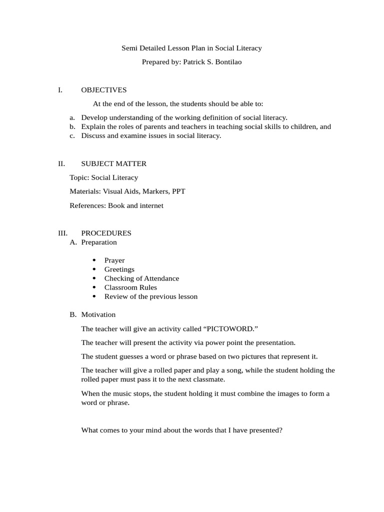Semi Detailed Lesson Plan in Social Literacy | PDF
