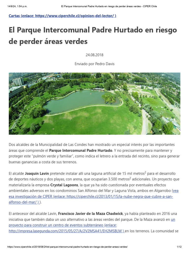 El Parque Intercomunal Padre Hurtado en Riesgo de Perder Áreas Verdes - CIPER Chile | PDF ...