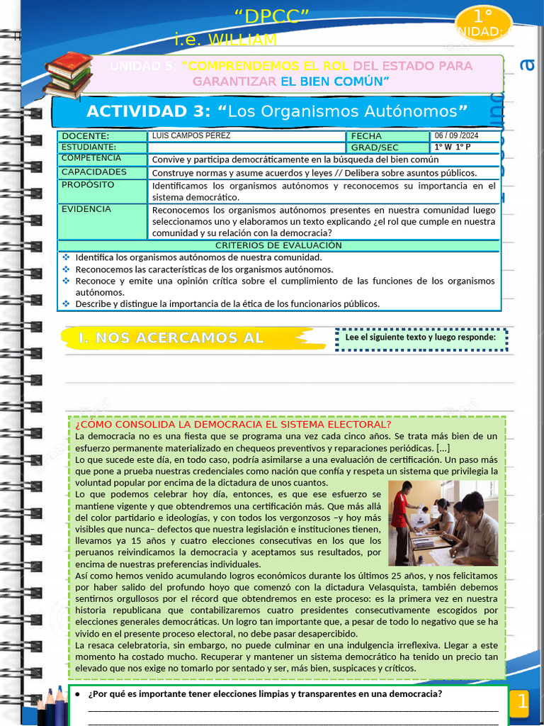 1° DPCC Ficha 04 Los Organismos Autónomos | PDF