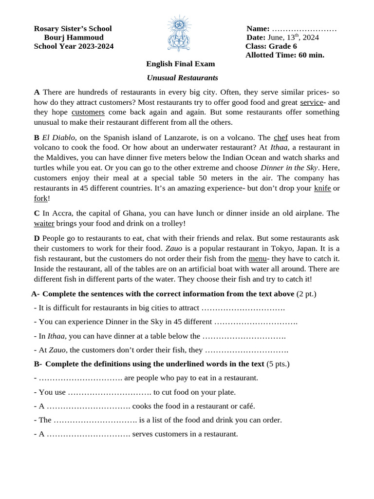 Grade 6 Final Exam (Modified) | PDF