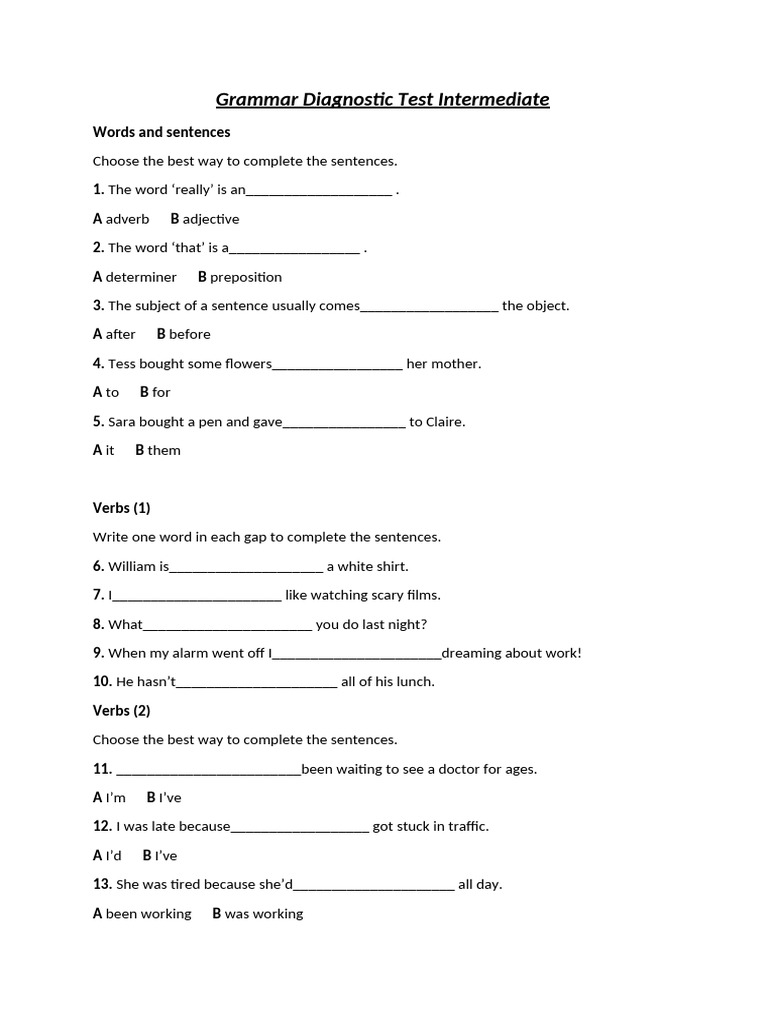 Grammar Diagnostic Test Intermediate (Word) | PDF