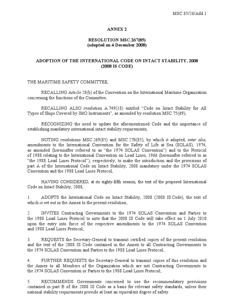 Imo MSC267 - The International Code On Intact Stability | PDF | Ships ...