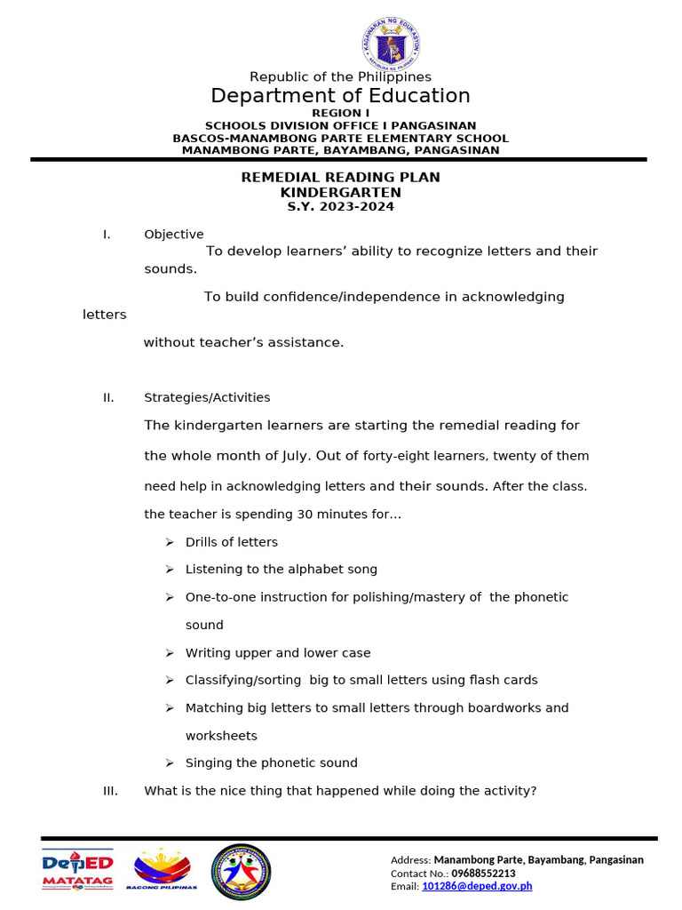 Remedial Reading Plan | PDF