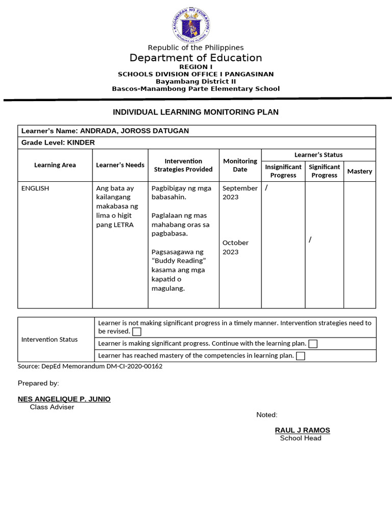 Individual Learning Monitoring Plan Kinder | PDF