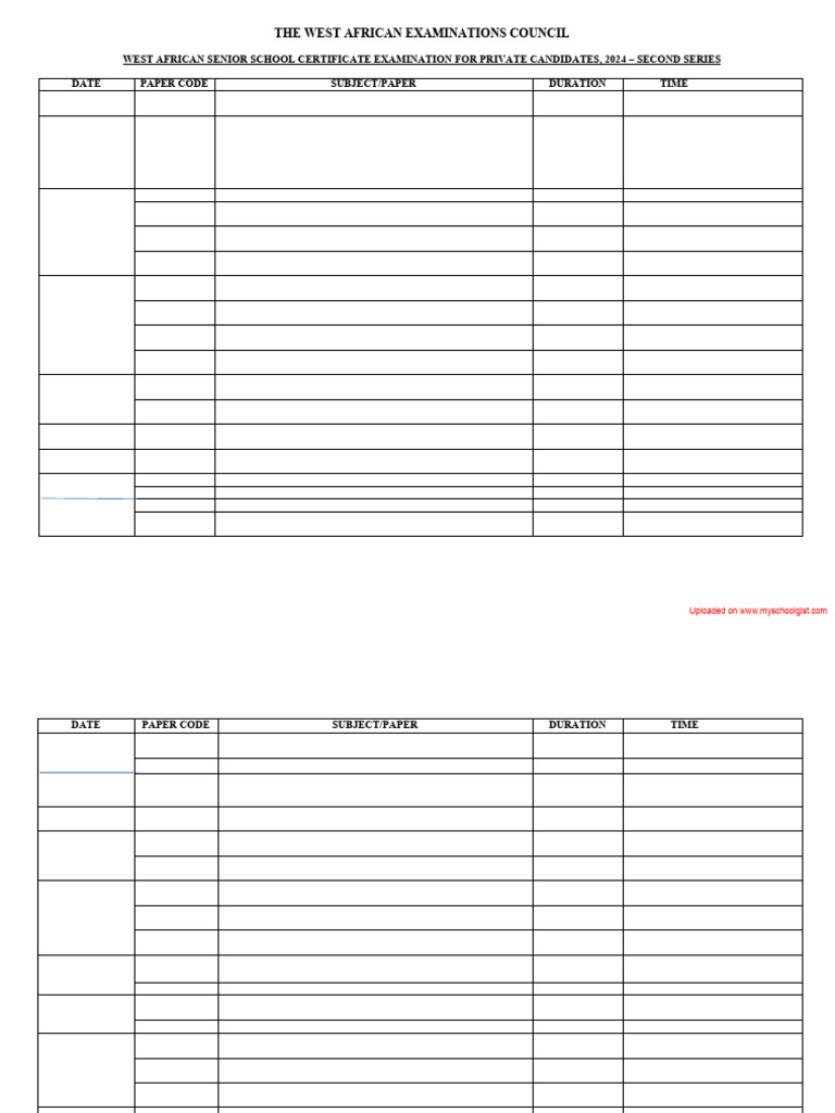 Waec Gce Timetable 2nd Series 2024 | PDF