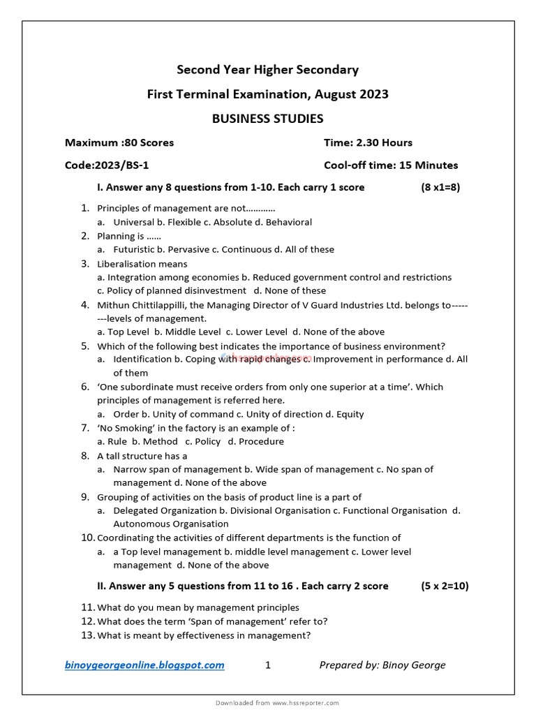 Business Studies (Model Question Paper) | PDF | Business | Business