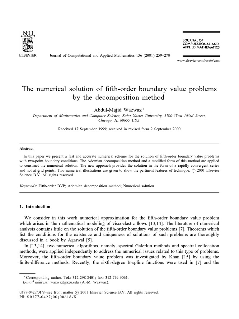 The Numerical Solution of %fth-Order Boundary Value Problems by The Decomposition Method | PDF