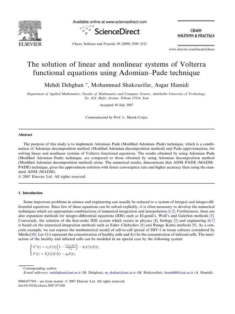 The Solution of Linear and Nonlinear Systems of Volterra Functional Equations Using Adomian-Pade ...