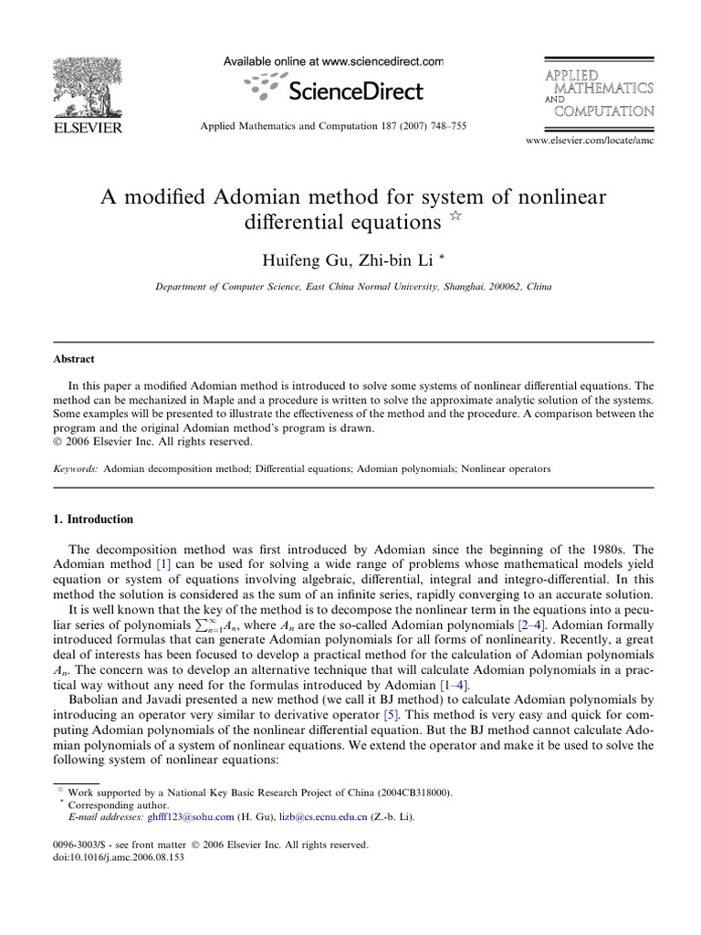 A Modified Adomian Method For System of Nonlinear Differential Equations | PDF