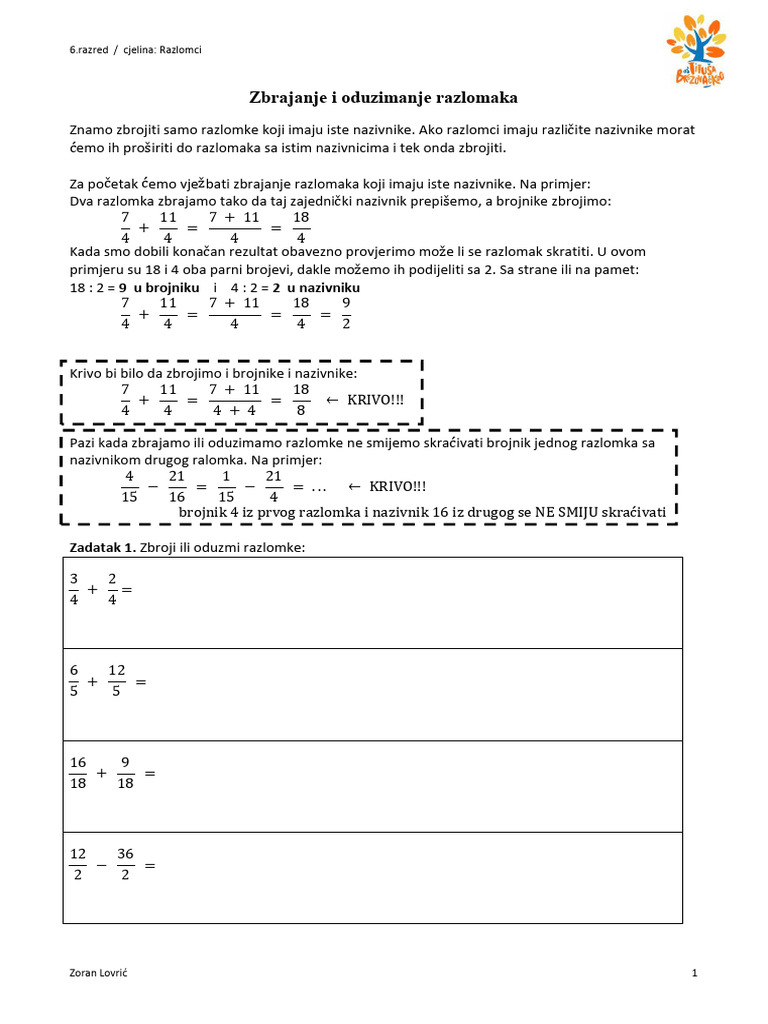 6.r Razlomci Zbrajanje I Oduzimanje Razlomaka | PDF