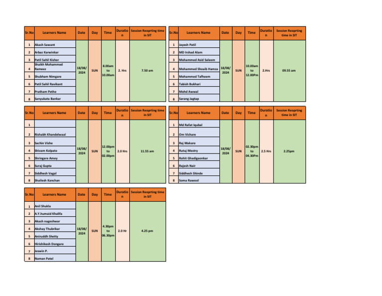 3ED Student Batch List As Per Time - Group B 18.08.2024 | PDF