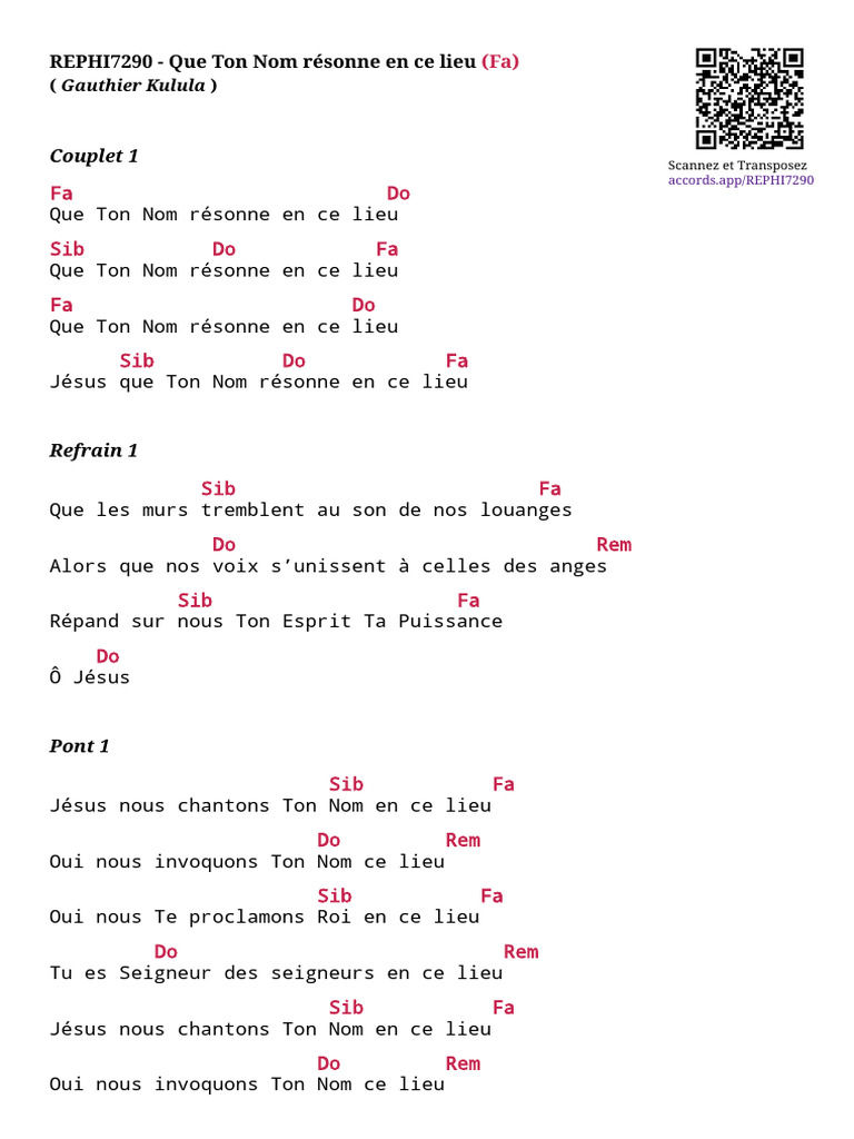 Que Ton Nom Resonne en Ce Lieu Paroles Accords (La) | PDF