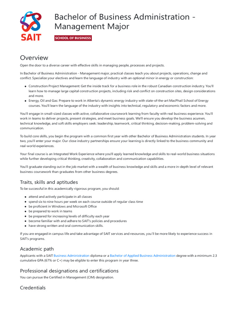 Bachelor of Business Administration - Management Major | PDF