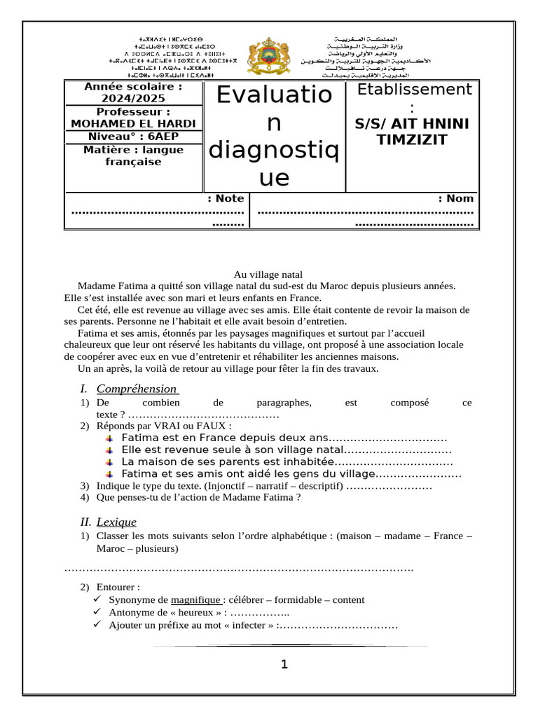 Évaluation Diagnostique Francais | PDF