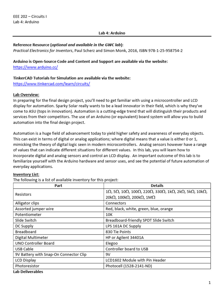 EEE 202 Lab 4 Arduino MANUAL Online | PDF