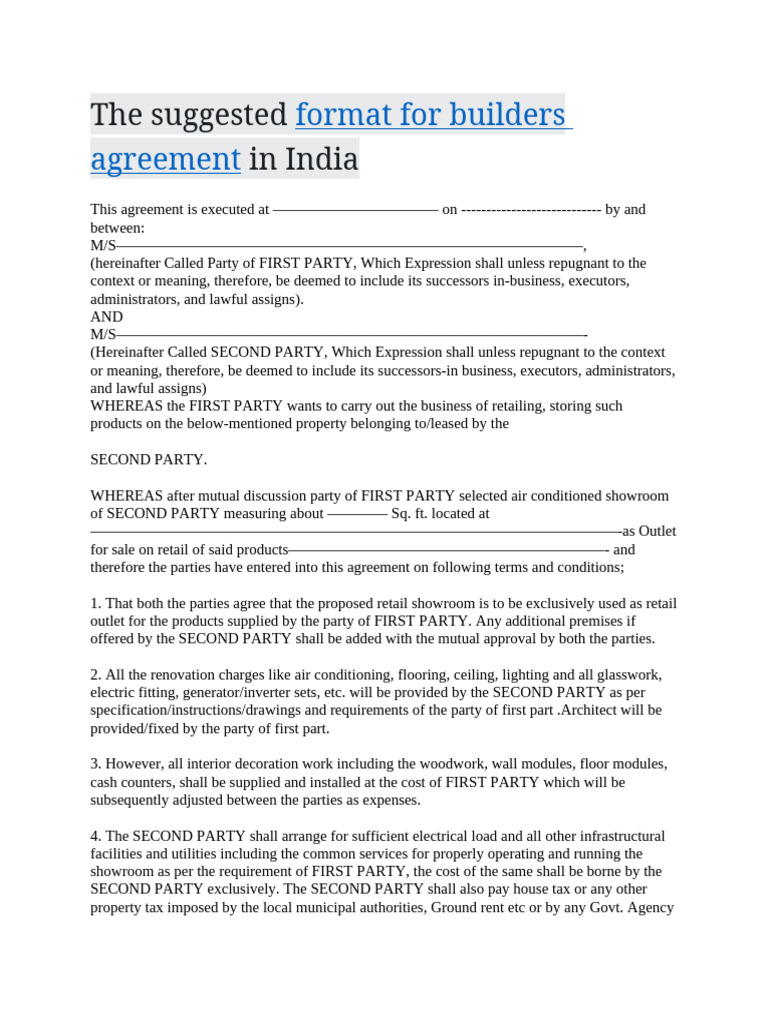 Builders Agreement Format in India | PDF | Insurance | Taxes