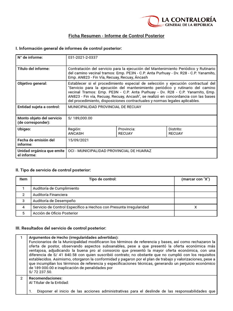 FICHA RESUMEN INFORME DE CONTROL | PDF