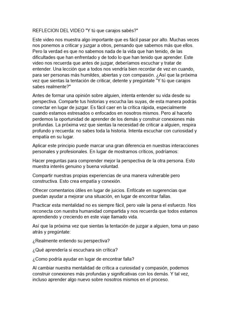 Reflecion Del Video Y Tú Que Carajos Sabés | PDF