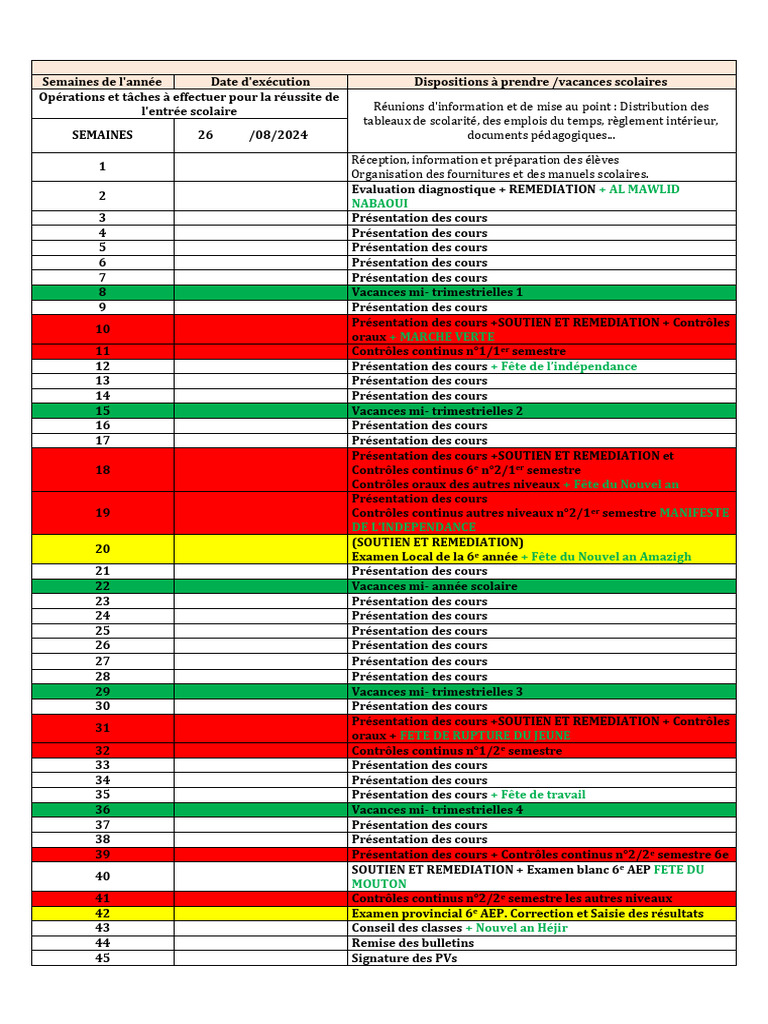 Planning Annuel 2024-2025 Version Provisoire | PDF