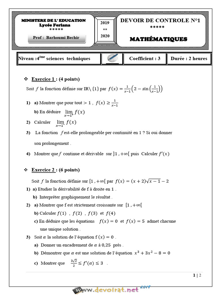 Devoir de Contrôle N°1 - Math - Bac Technique (2019-2020) MR Barhoumi Bechir | PDF