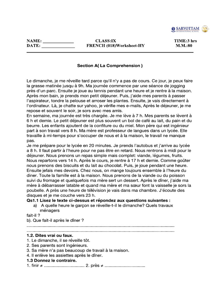 Class 9 HY worksheet | PDF