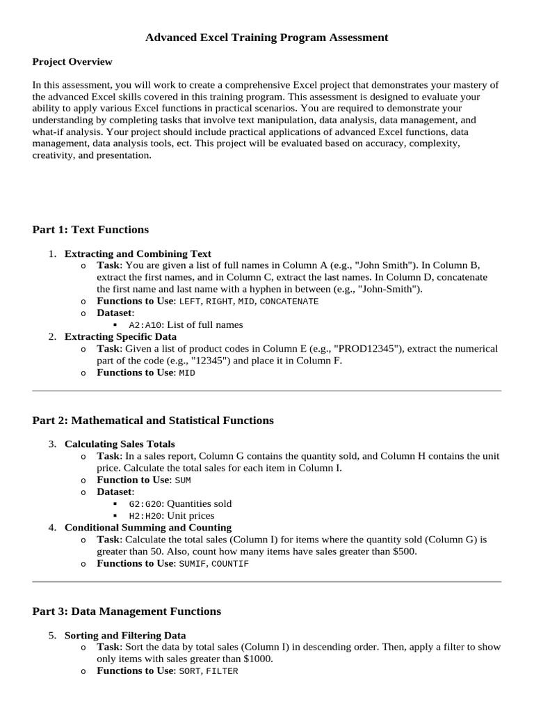Advanced Excel Training Program Assessment | PDF