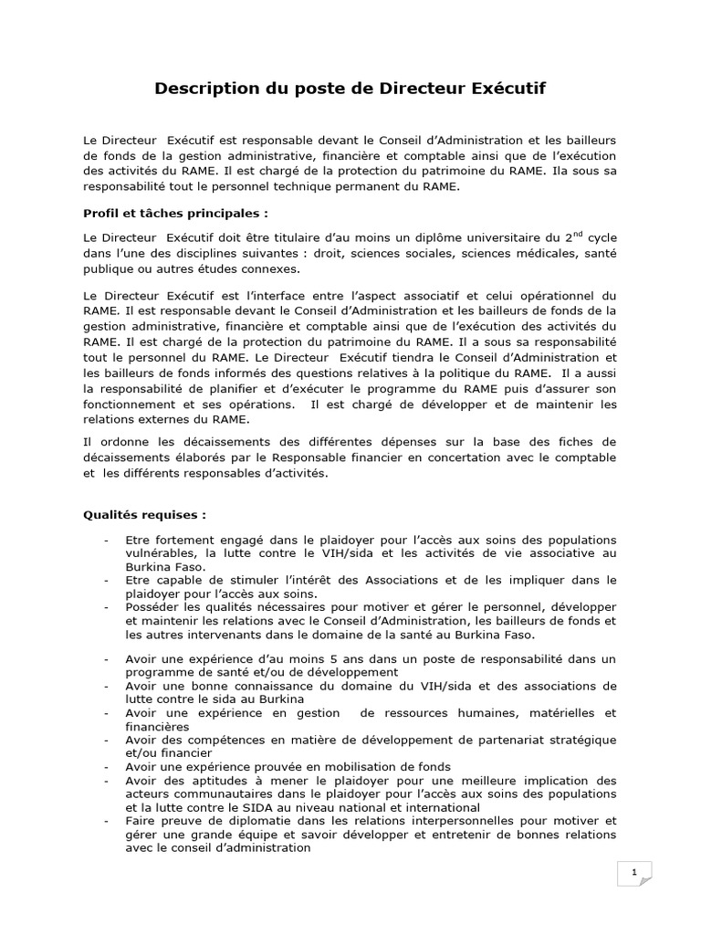 Description Du Poste de Directeur - Ex+®cutif | PDF
