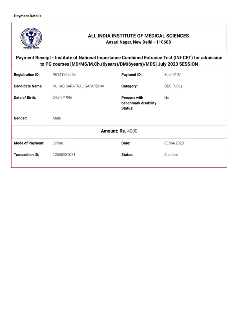 AIIMS Delhi PG Course Payment Receipt | PDF