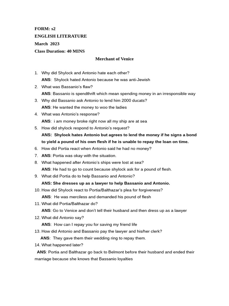 FORM 2 MERCHANT OF VENICE Class Work | PDF