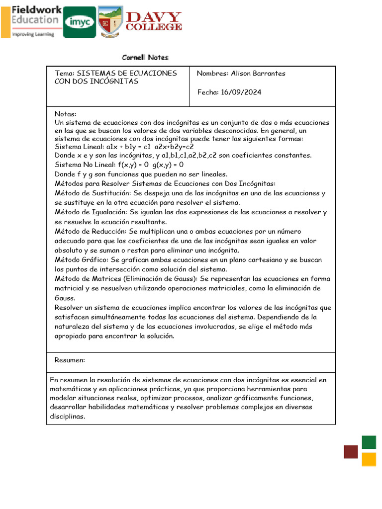 Cornell Notes - Math - IMYC (1) | PDF