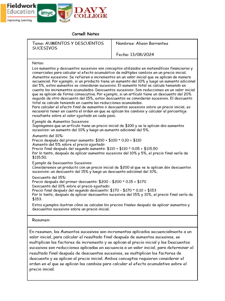 Cornell Notes - Math - IMYC | PDF