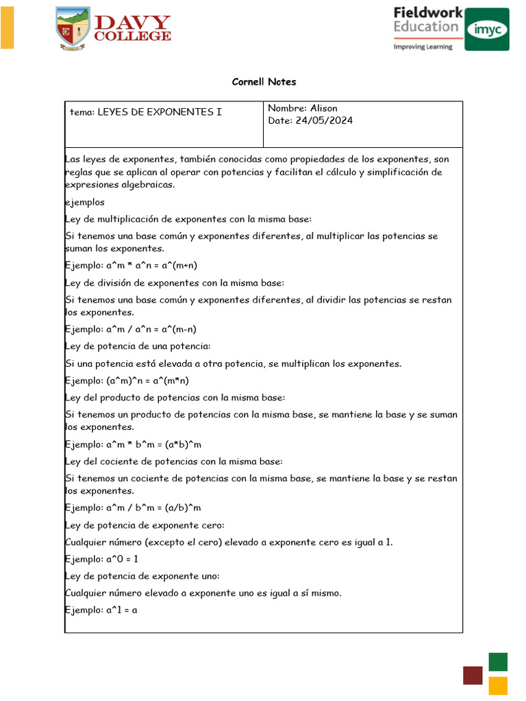 Alison Barrantes - Cornell Notes - Math - IMYC | PDF