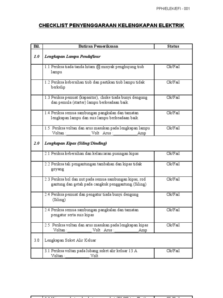 Checklist Penyelenggaraan Kelengkapan Elektrik | PDF