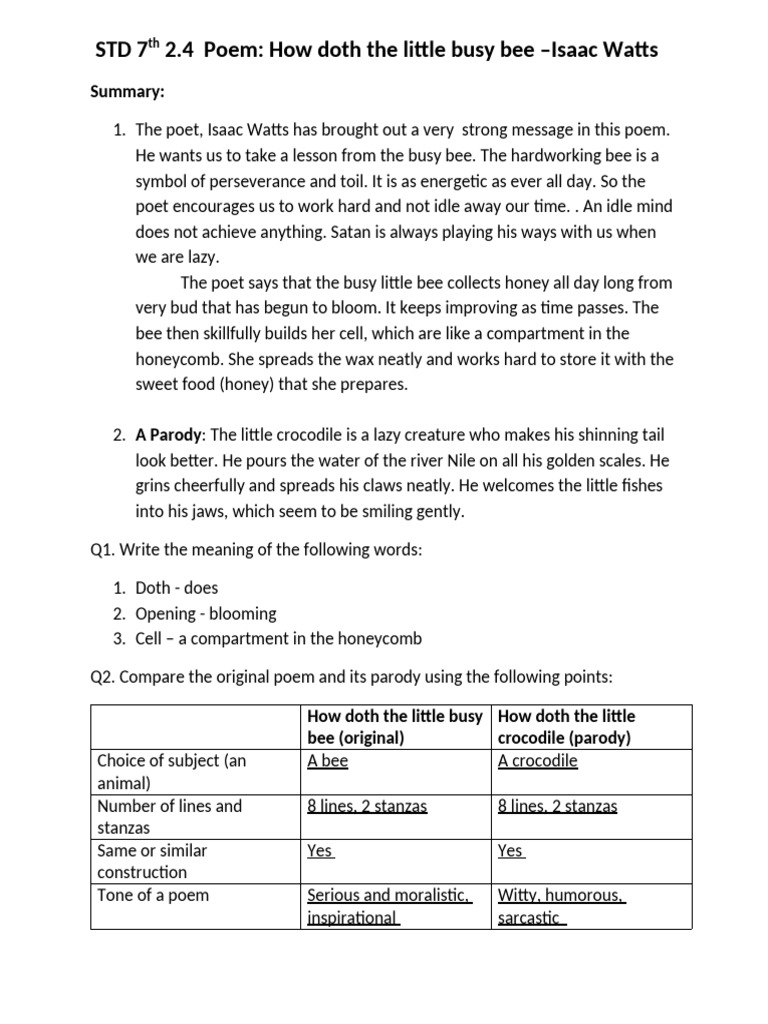 Std7 - English Poem 2.4 - How Doth The Little Busy Bee | PDF