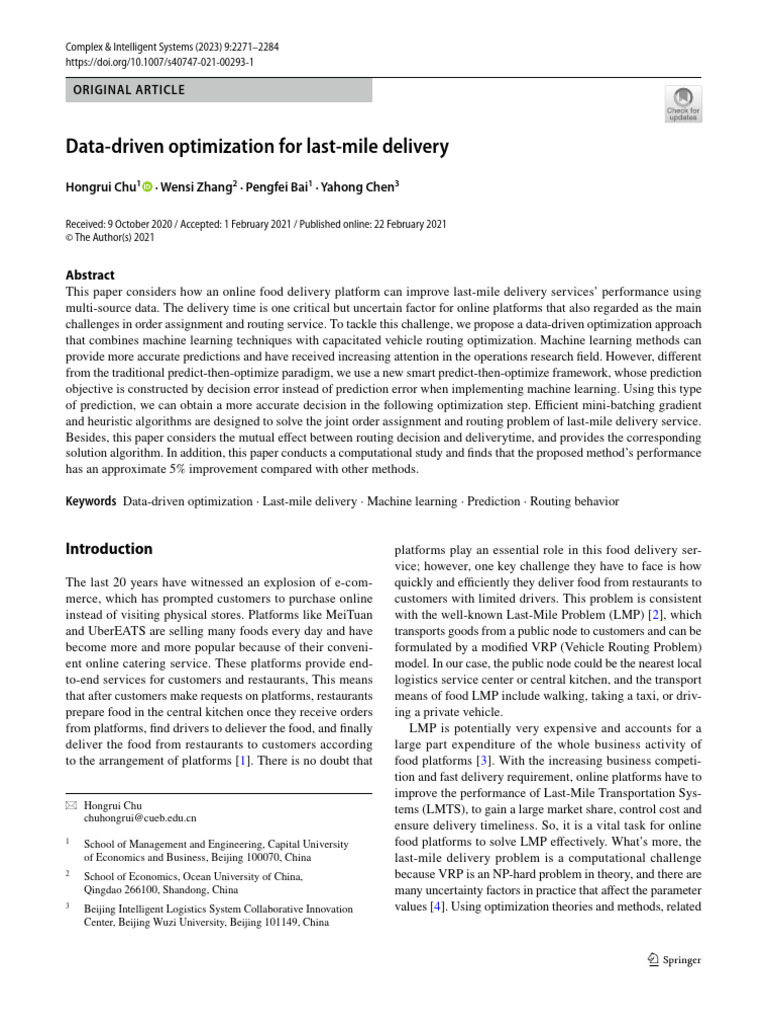 Data Driven Optimization For Last Mile Delivery | PDF