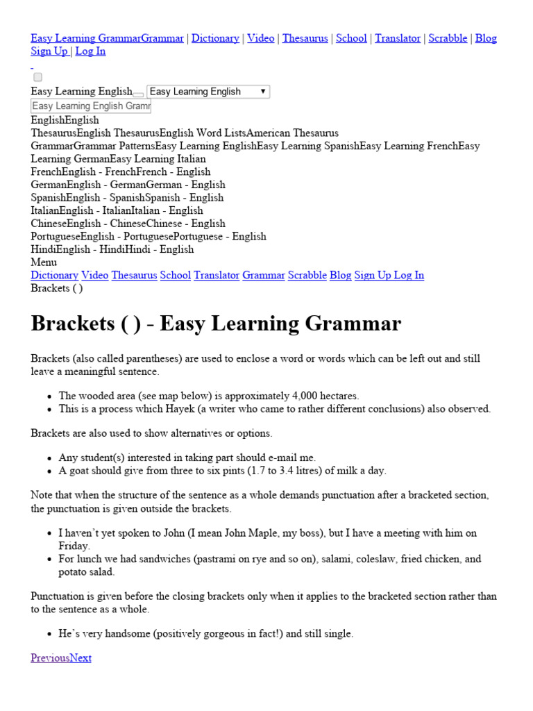 Brackets - Learning English Grammar - Collins Education | PDF
