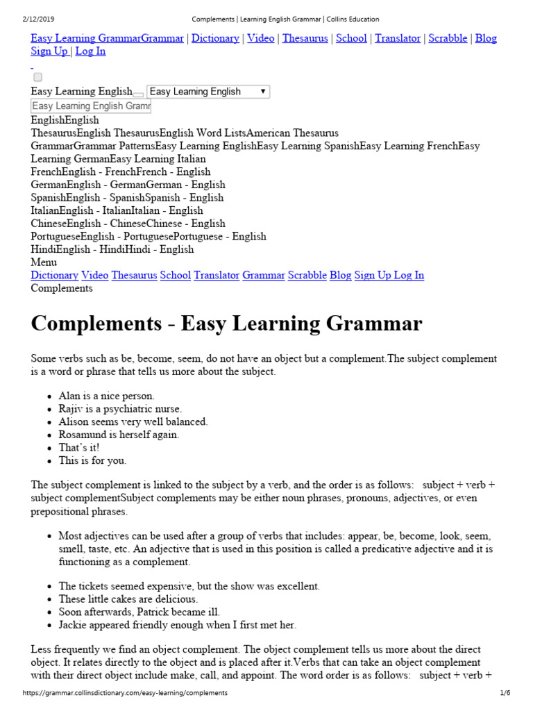 Complements - Learning English Grammar - Collins Education | PDF