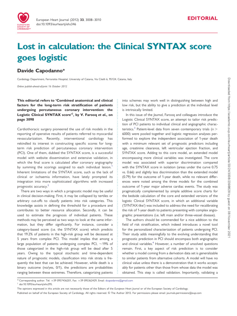 Lost in Calculation The Clinical Syntax Score Goes Logistic | PDF