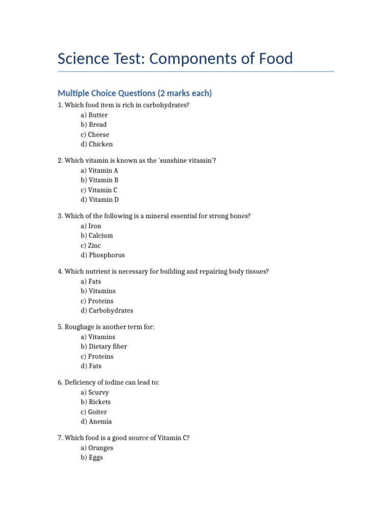 Science Test Components of Food 50 Marks | PDF