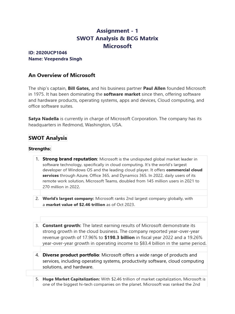 SWOT Analysis & BCG Matrix (Microsoft) | PDF