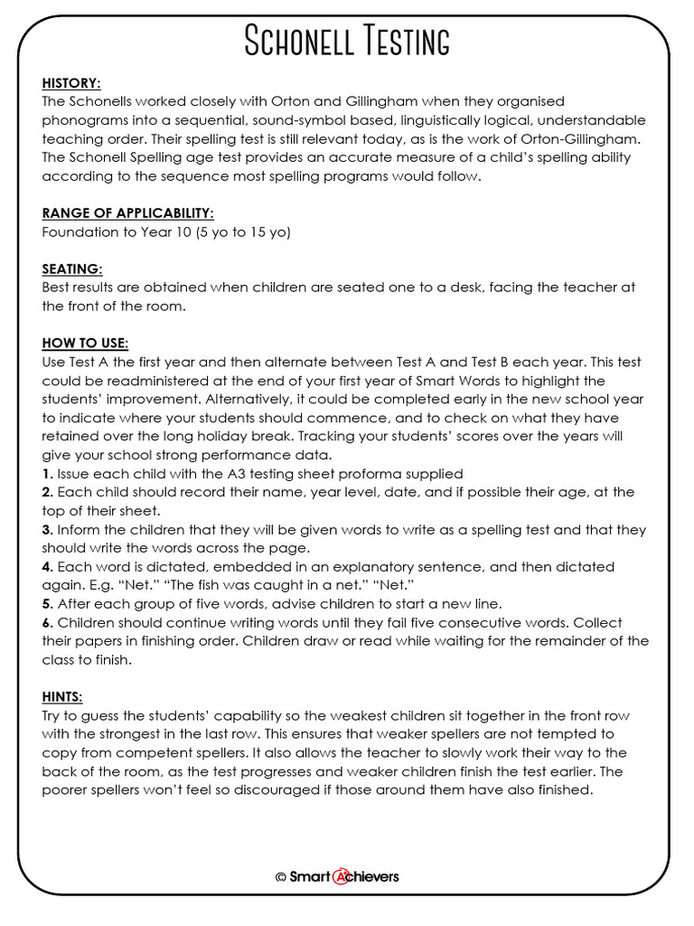 Schonell Instructions | PDF